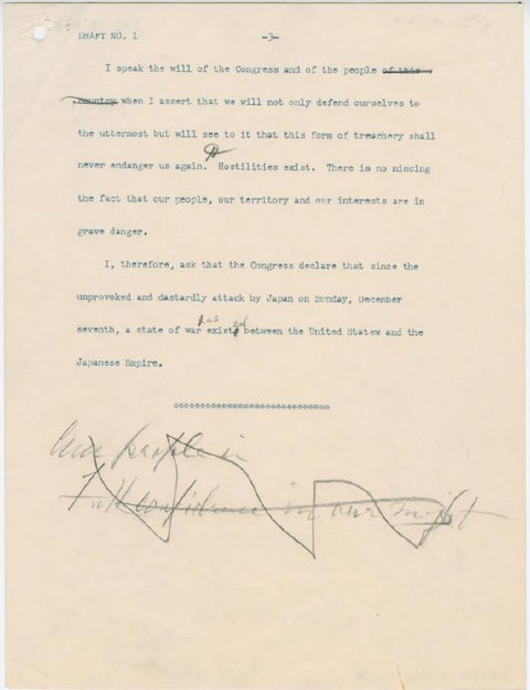 FDR's "Day of Infamy" Pearl Harbor speech, in first draft form.
