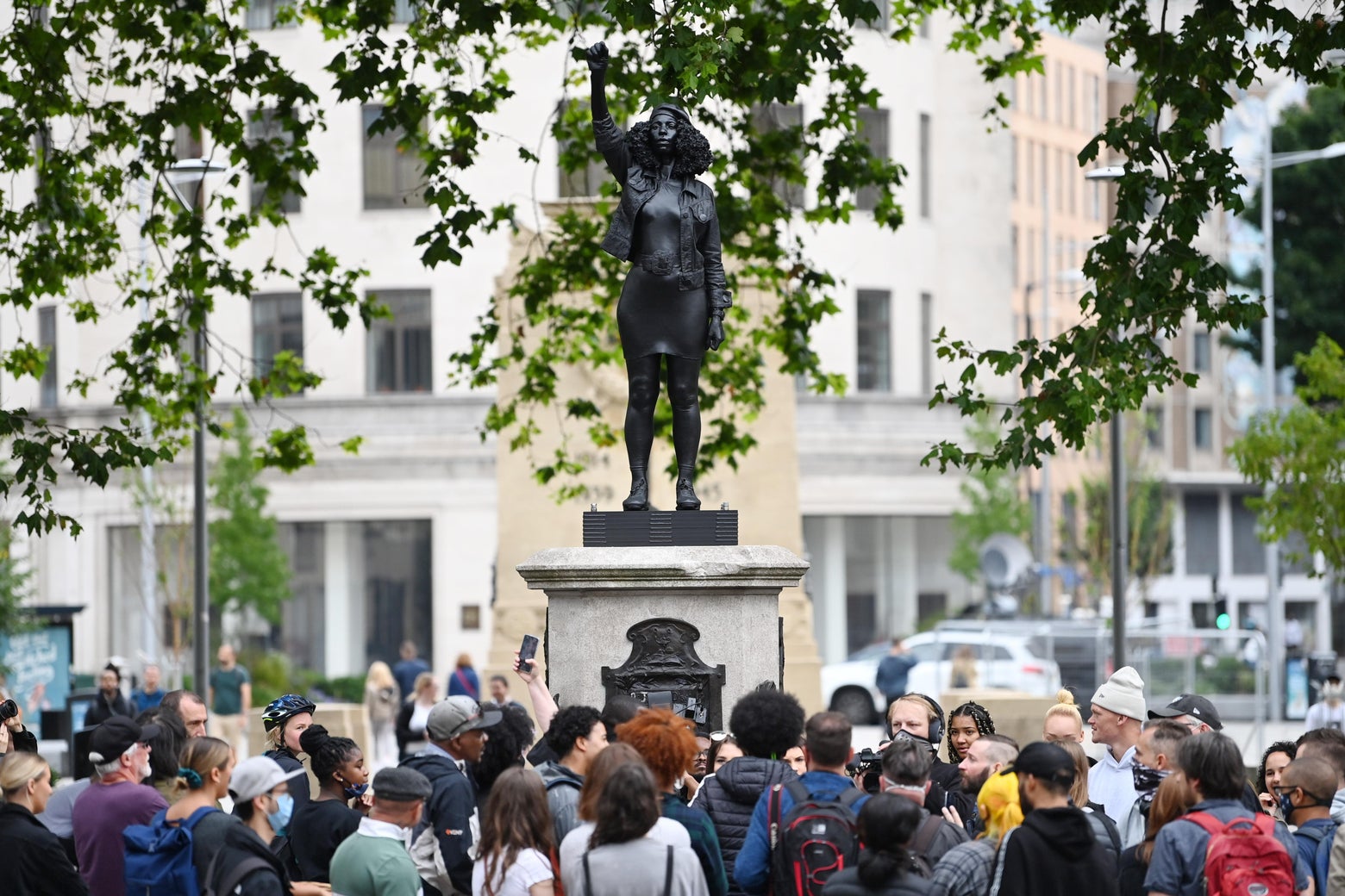 British slave trader statue replaced with Black Lives Matter protester.