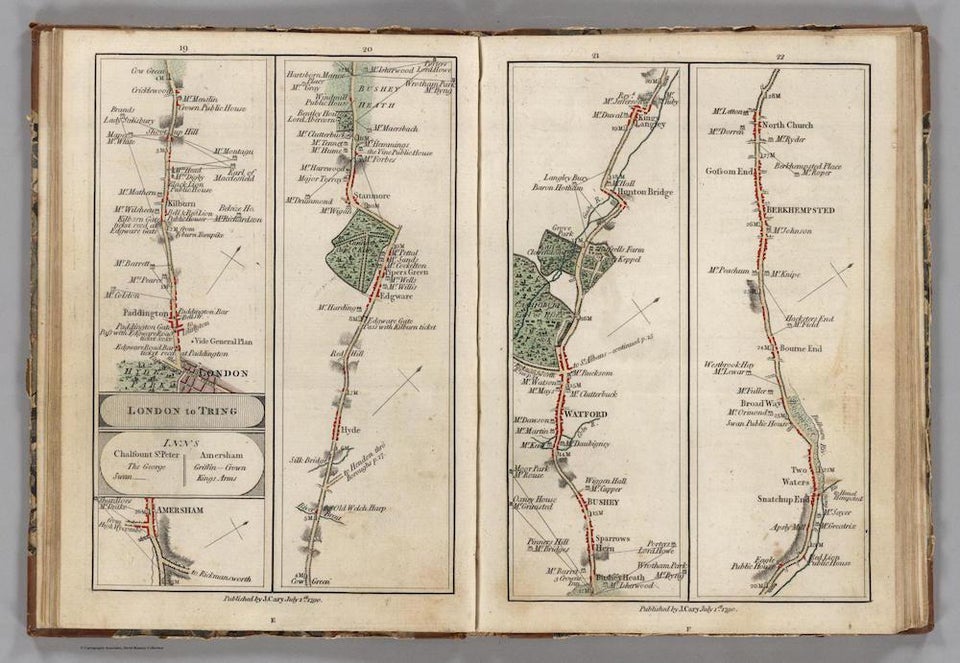 History of road maps: London strip road maps of John Cary.