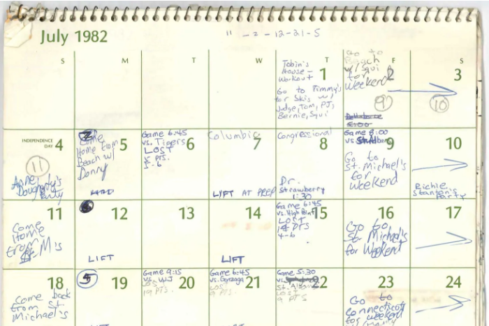 Brett Kavanaugh's calendar for July 1, 1982: "go to Timmy's for skis ...