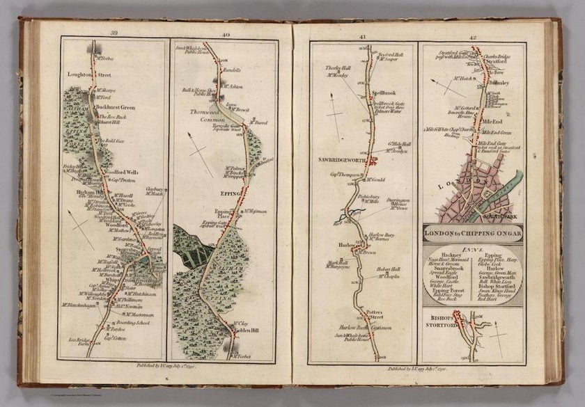 History of road maps: London strip road maps of John Cary.