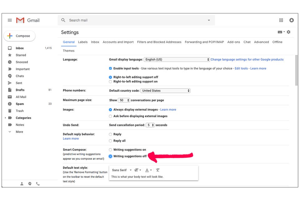 How to disable Gmail's Nudge, Smart Compose, and other new features.