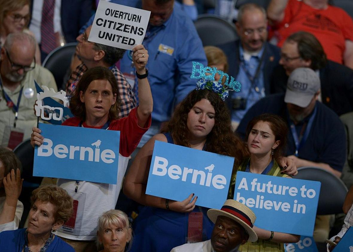 Photos of angry, sad, horrified Bernie Sanders supporters.