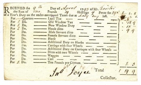 Tax receipts for taxes paid in 18th-century England and Scotland.