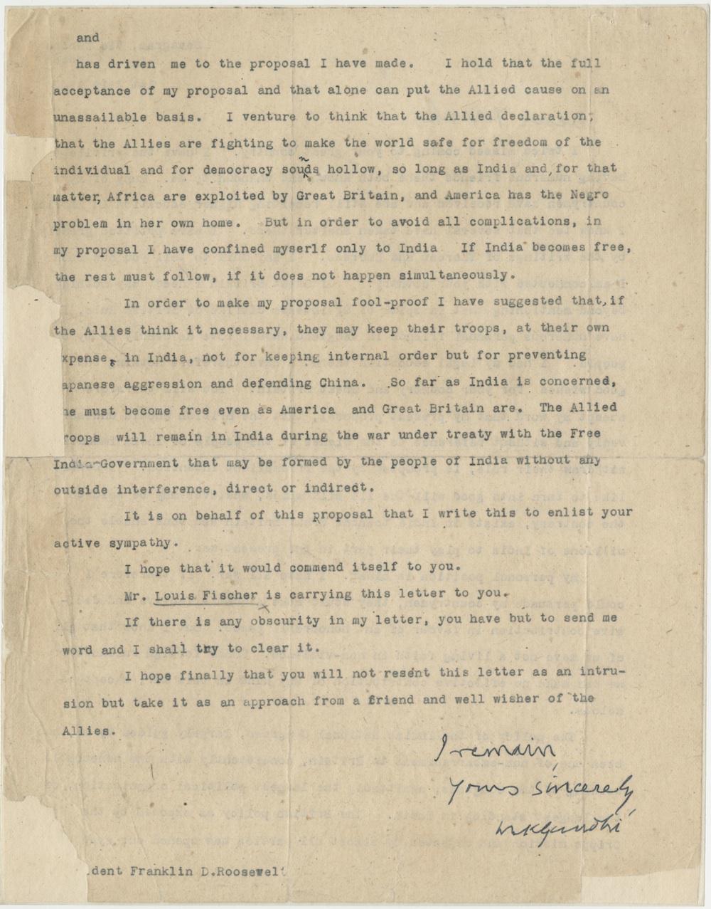 Gandhi and FDR history: Letter from Indian leader to Roosevelt in 1942.