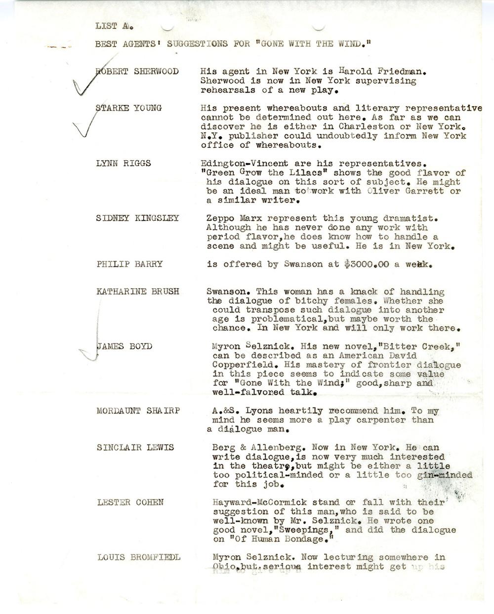 Gone with the Wind: Memo lists potential screenwriters including ...