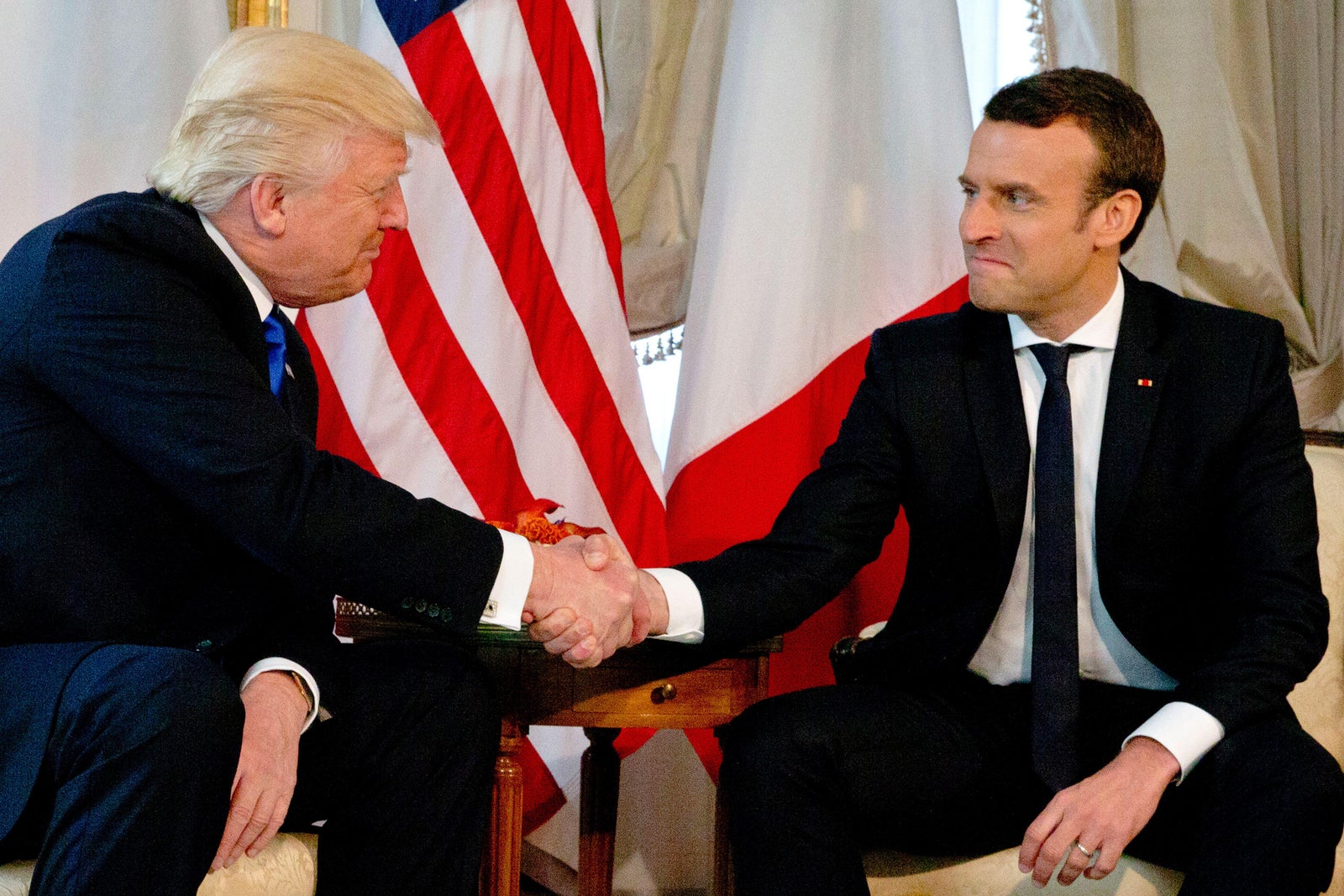 Emmanuel Macron shook Trump’s hand so intensely he left his thumb imprint.
