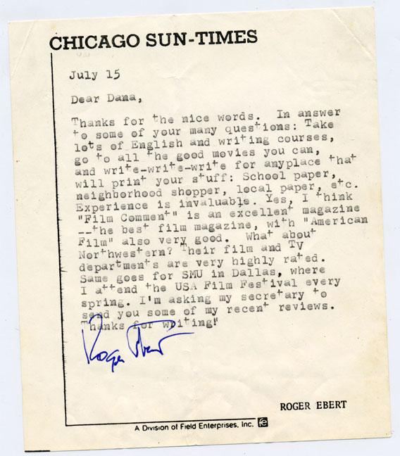 Roger Ebert’s letter to Dana Stevens about how to become a film critic.