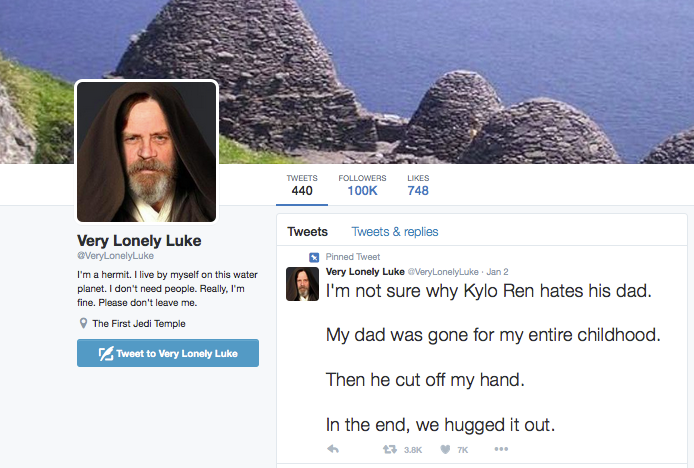 Very Lonely Luke is a hilarious The Force Awakens-themed Twitter account.