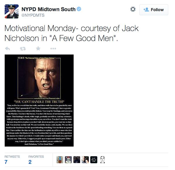 NYPD, "A Few Good Men," Jack Nicholson: Precinct endorses Code Red.