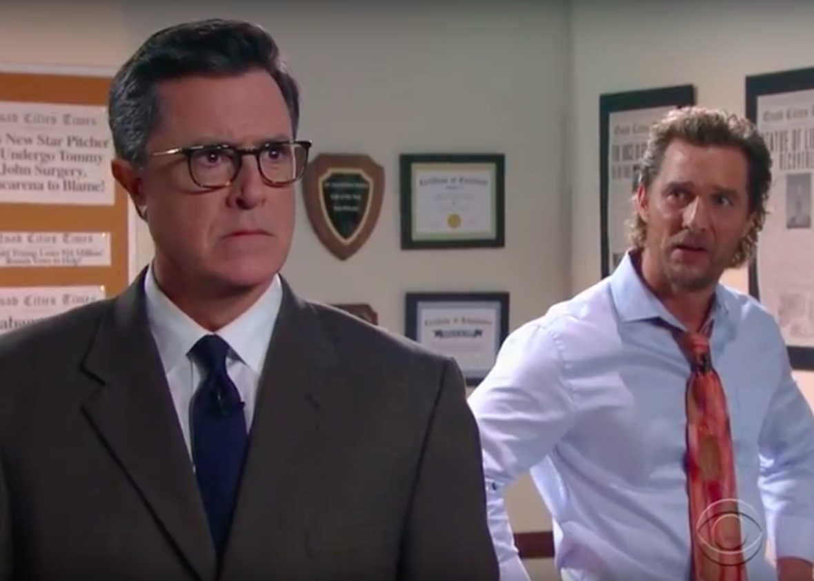 Matthew McConaughey reenacts Stephen Colbert's Exit 57 sketch (VIDEO).