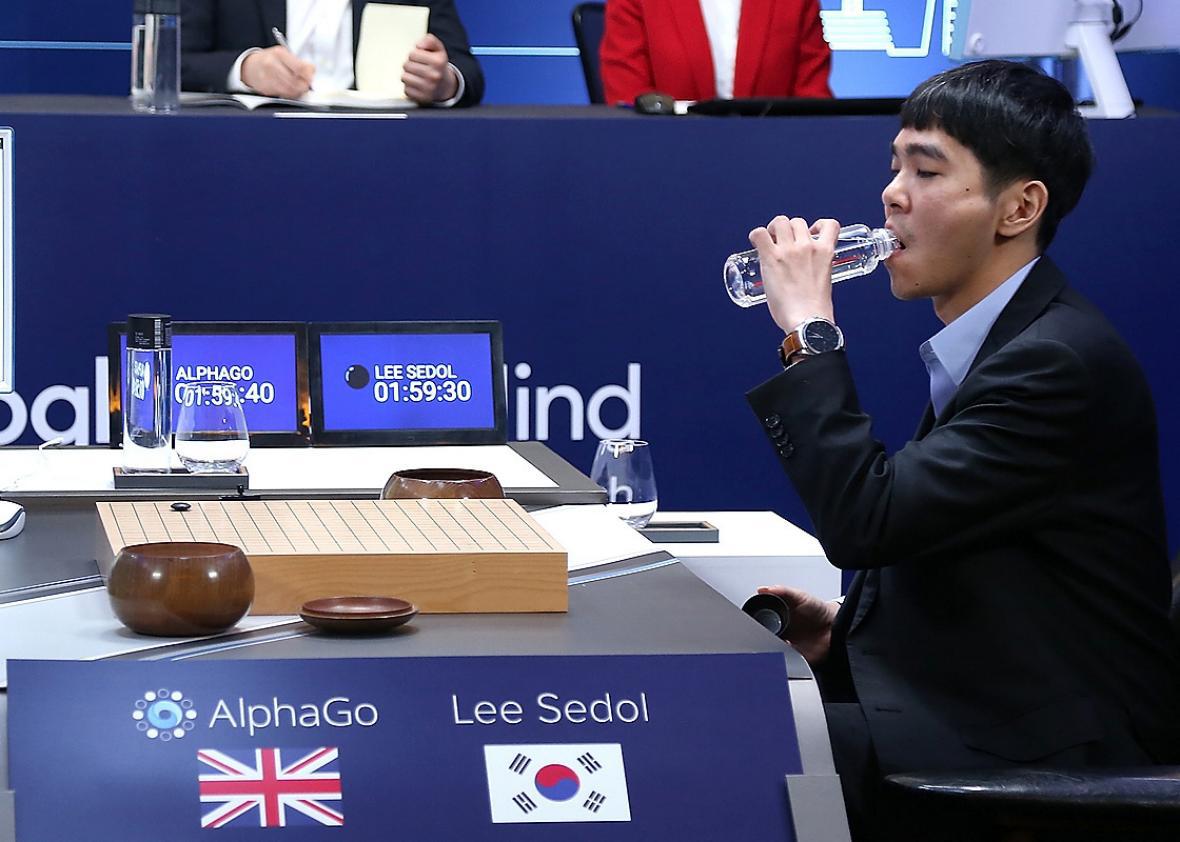 AlphaGo beats Lee Sedol at Go for third straight time.
