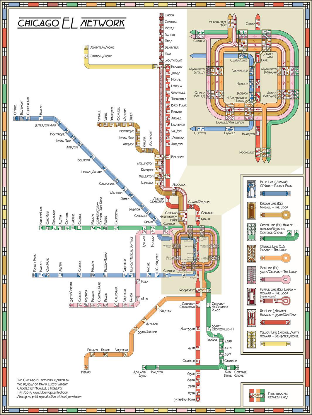A decorative Chicago “L” map by Max Roberts that is an ode to Frank ...