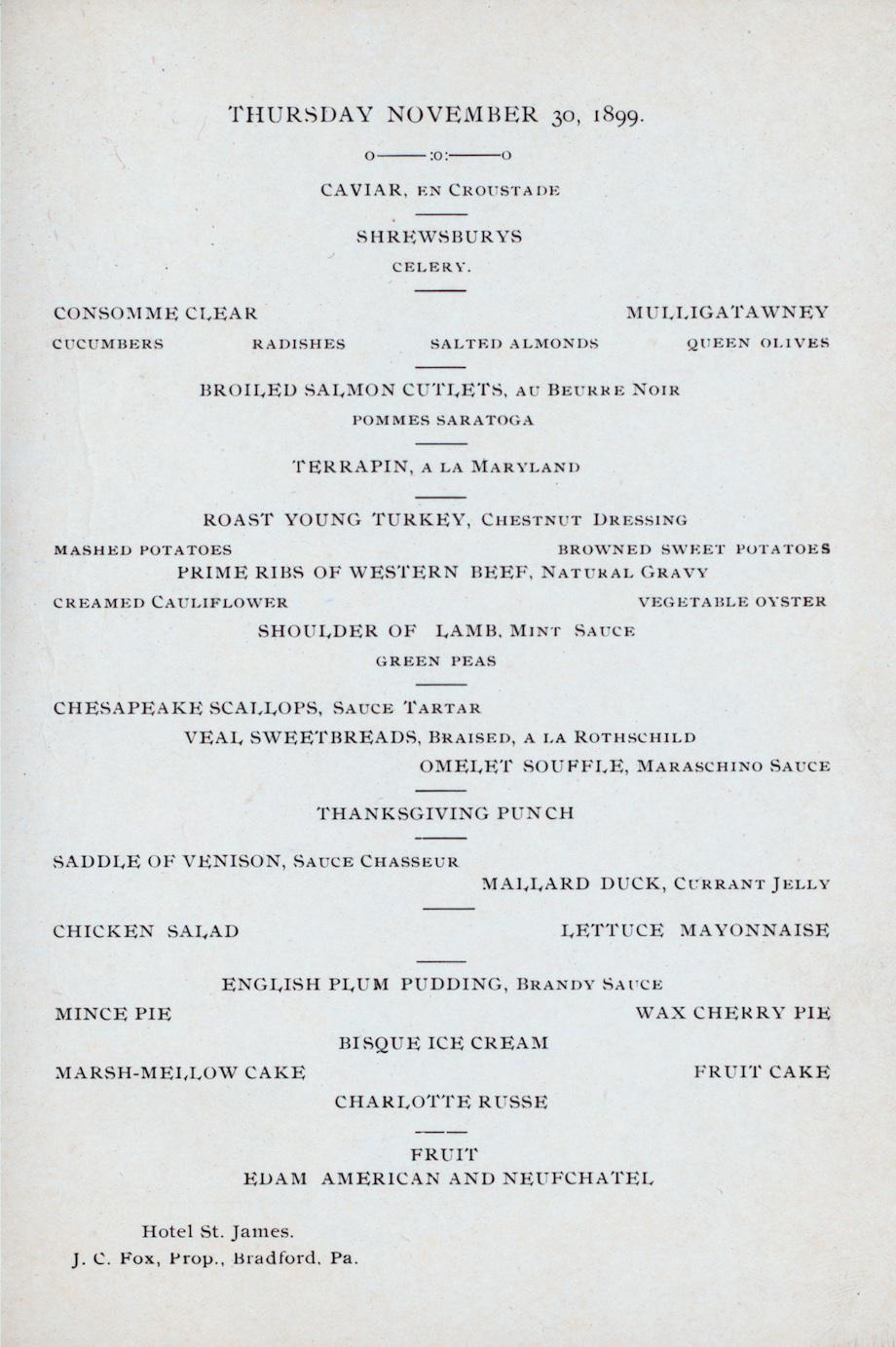 A Hotel Thanksgiving: an 1899 menu features scallops, sweetbreads, and ...