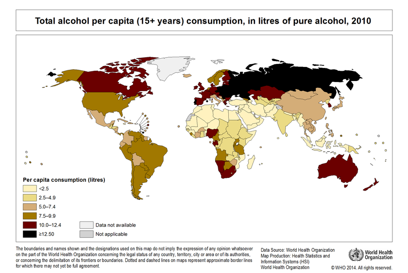 World Health Organization map of global alcohol consumption shows the which are the world's ...