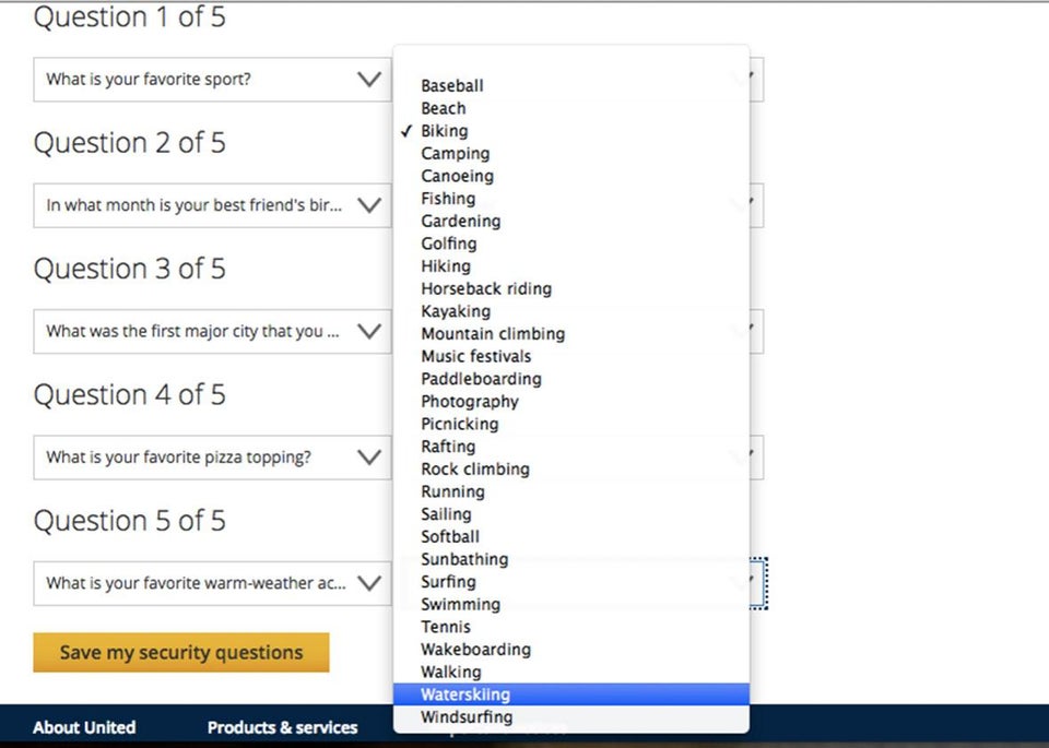 United Airlines uses multiple-choice security questions.