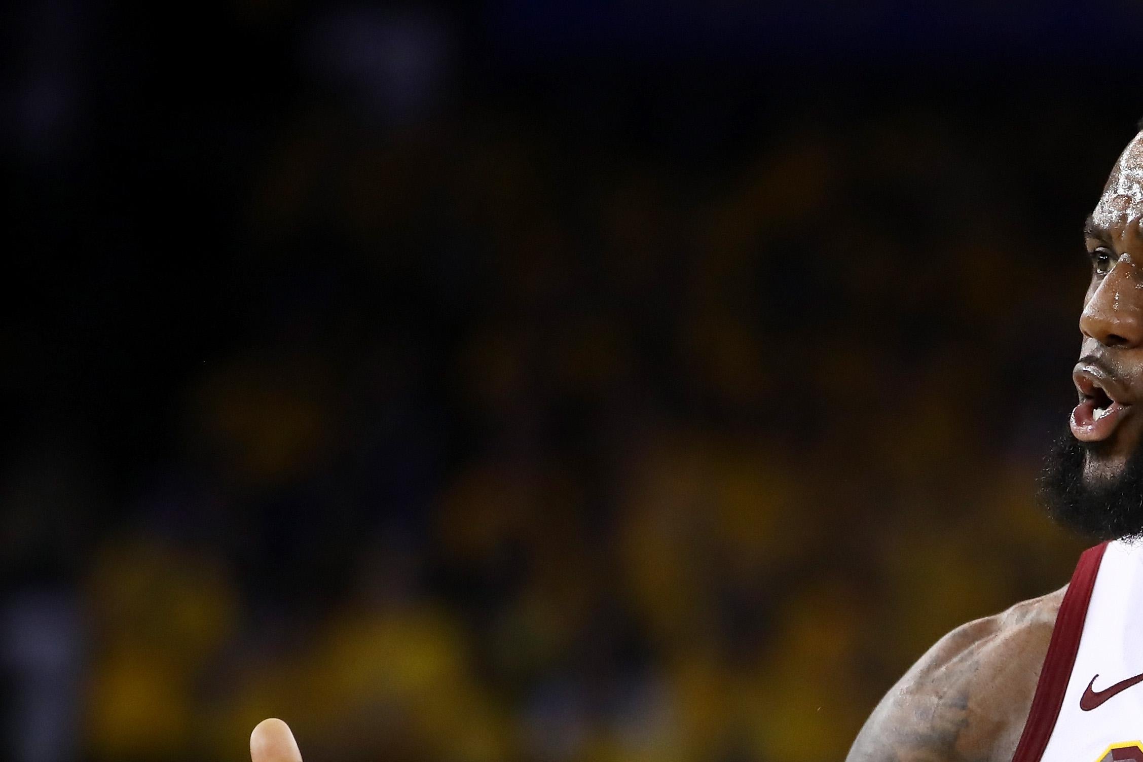 LeBron James' left eye looks very red and gross.