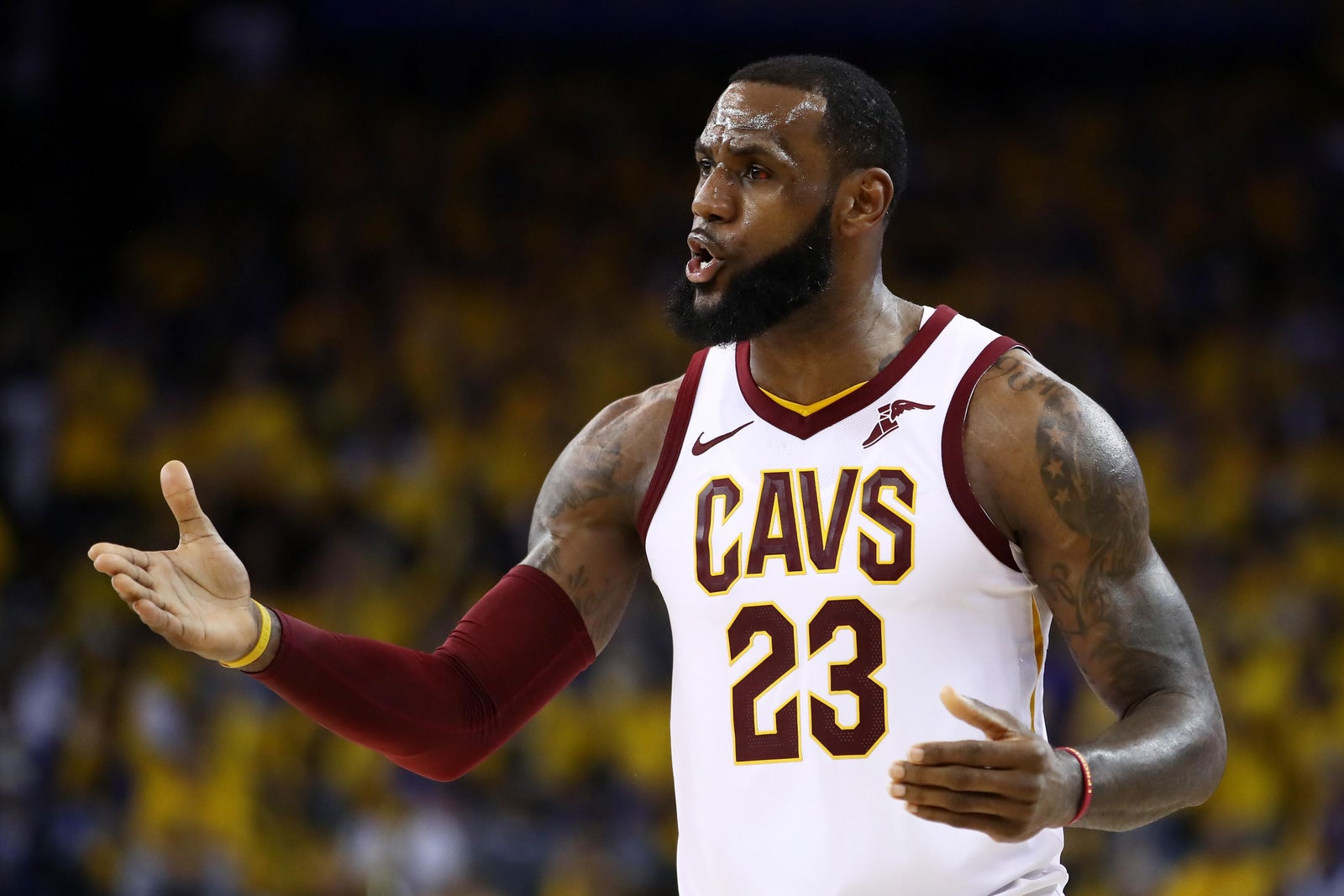 LeBron James' left eye looks very red and gross.