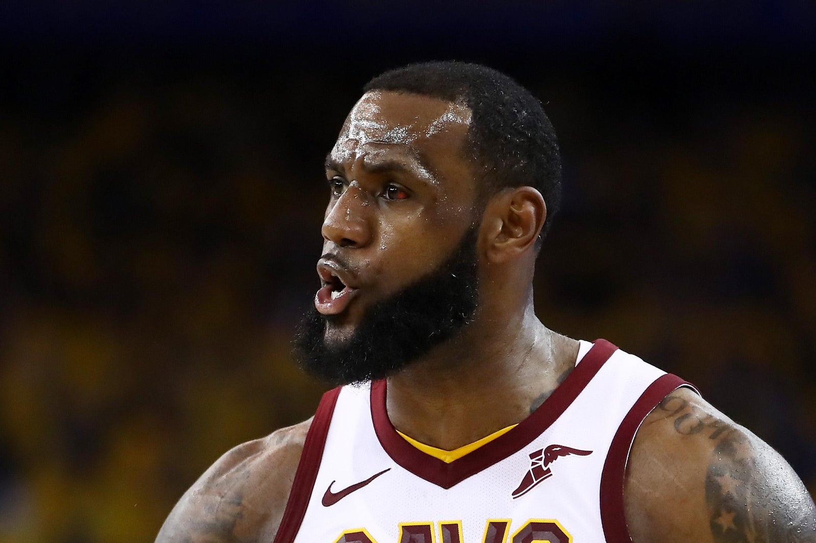 LeBron James' left eye looks very red and gross.