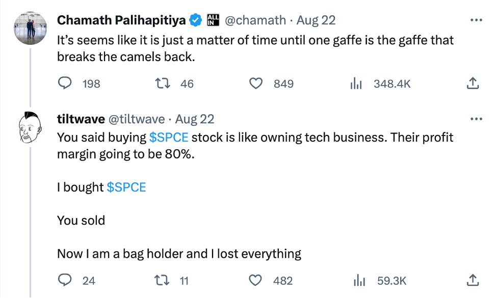 Chamath Palihapitiya, the former SPAC King, is now taunting his investors who lost money.