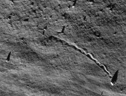 Striated lunar ejecta: Moon photo shows blast debris and rolling rocks.