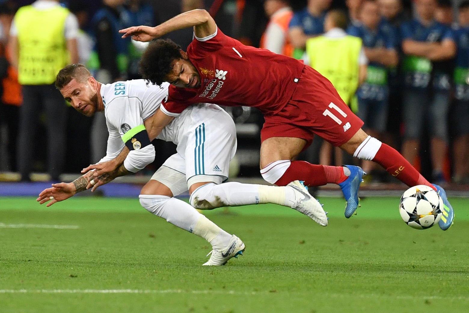 Mohamed Salah subbed out of Champions League Final in tears after injury.