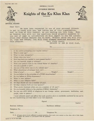History of the KKK: Membership application from the 1920s.