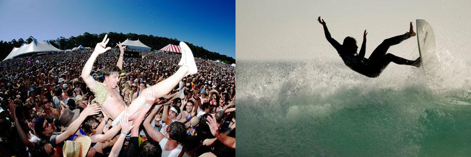 Crowd surfers and wave surfers strike similar poses. (PHOTOS)