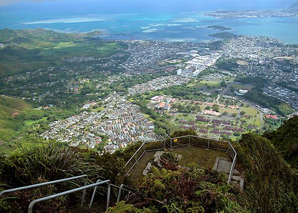 Hawaii's Puu Keahi a Kahoe on Oahu is reached by the Haiku Stairs, a ...