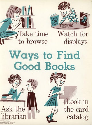 Midcentury posters instructing children in the use of the library.