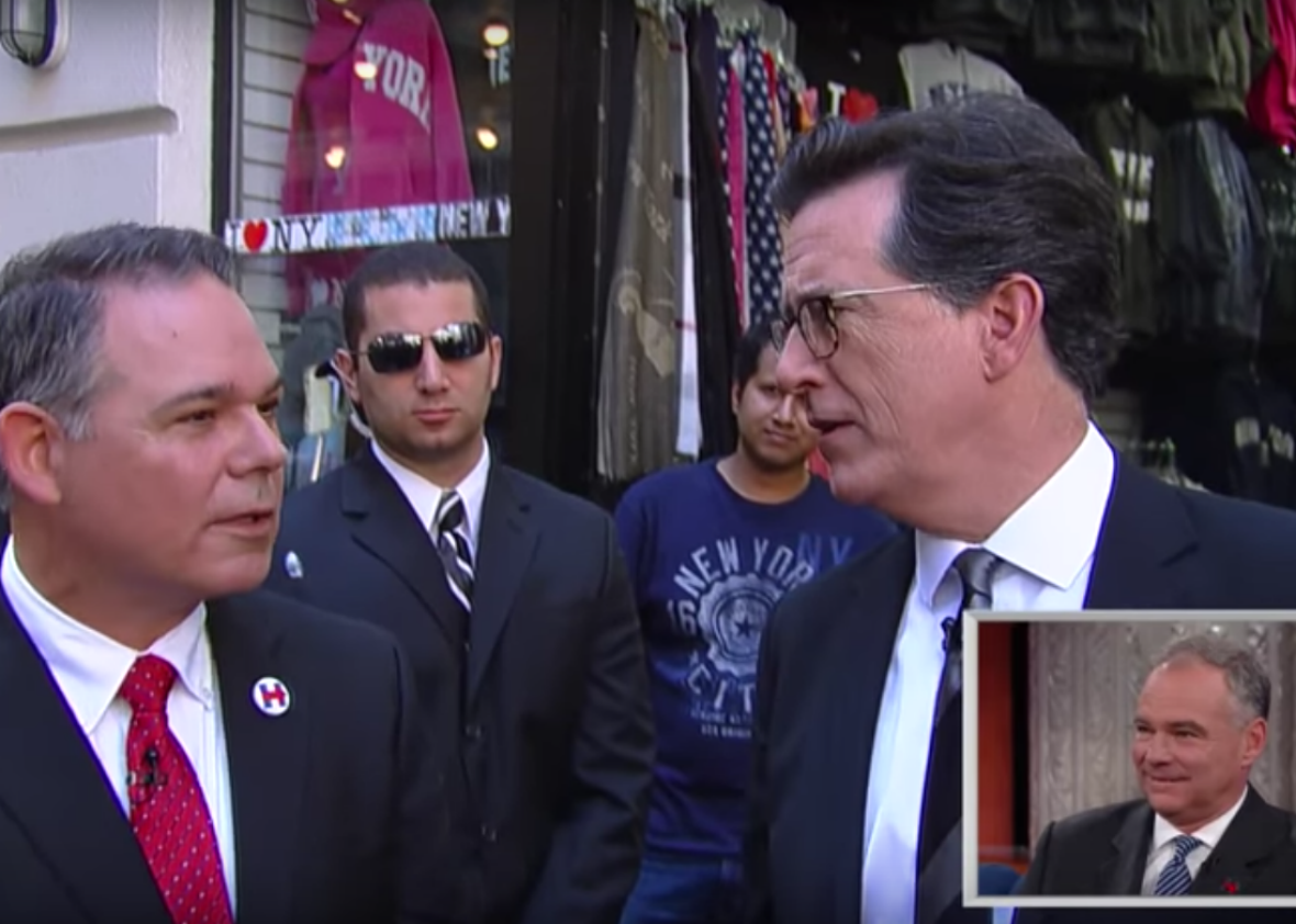 Watch Tim Kaine watch himself get spoofed on Stephen Colbert (VIDEO).