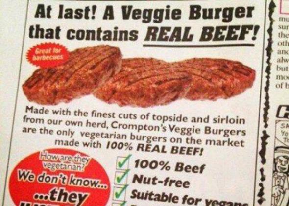 “Veggie burger that contains real beef” ad is fake, sadly. But still funny!