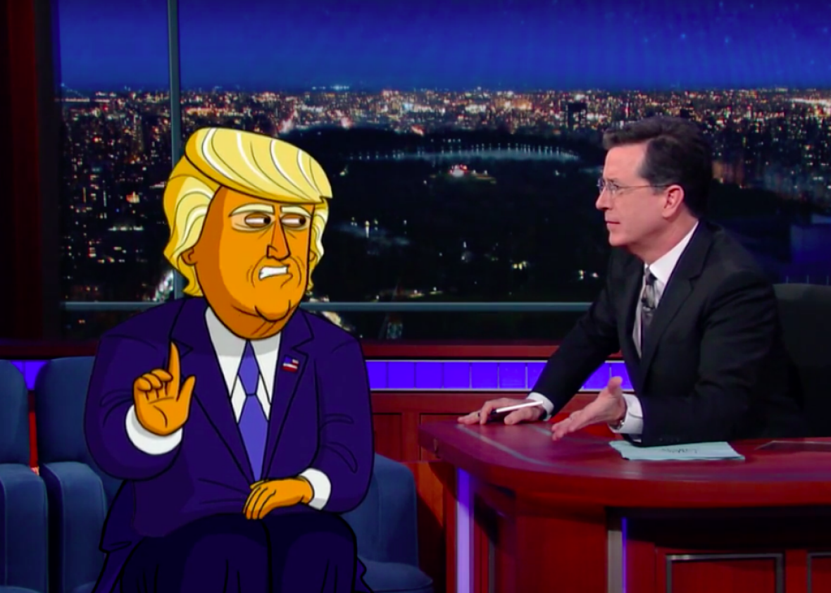 Stephen Colbert interviews cartoon Donald Trump on Late Show (VIDEO).