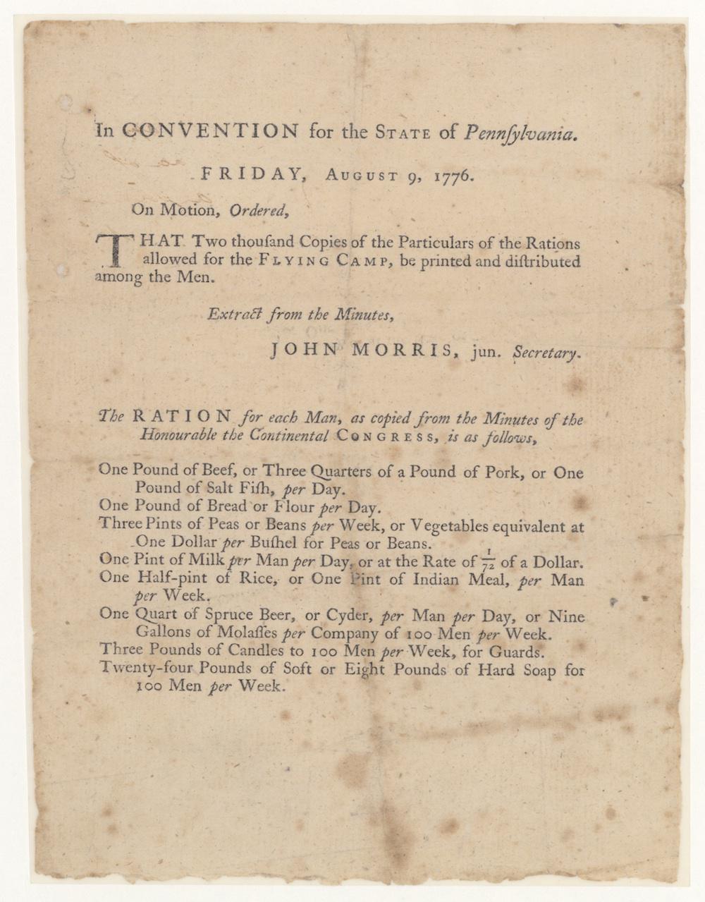 Revolutionary War rations history: Broadside advertising rations for ...