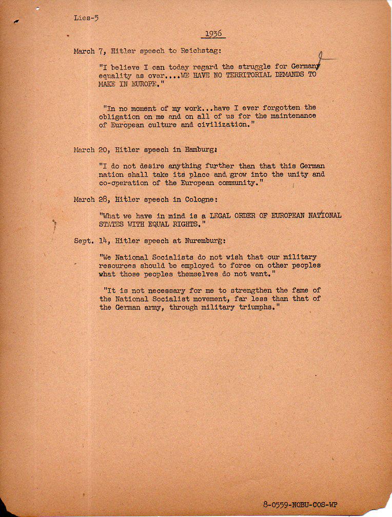 A list of Hitler’s lies, compiled by the Office of War Information in 1942.
