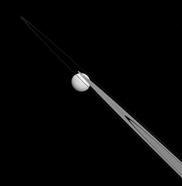 Cassini image: Tethys and the rings.
