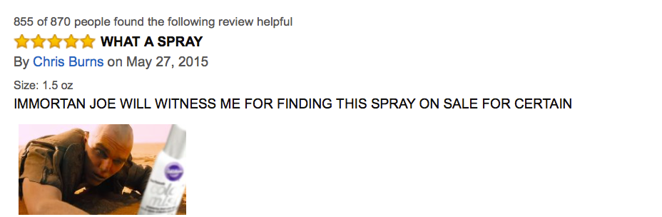 Mad Max fans flood Amazon page for silver spray paint with War Boy reviews.