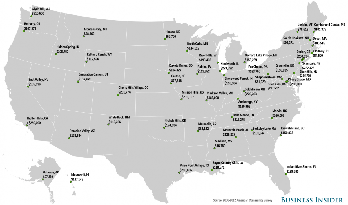 Map of the most affluent town in each state by median income.
