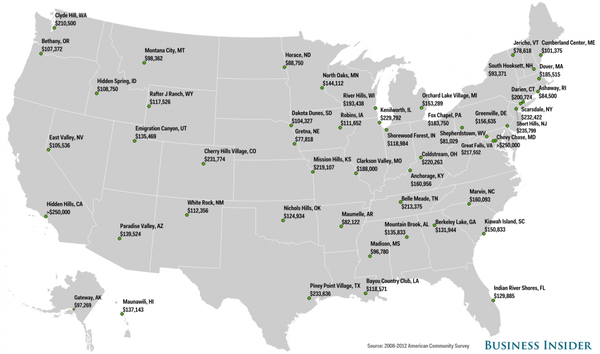Map of the most affluent town in each state by median income.
