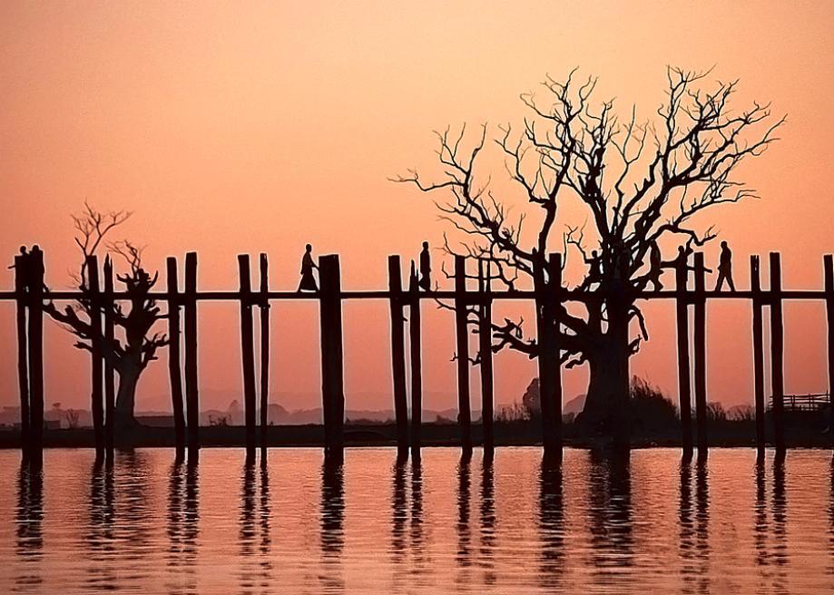 U Bein Bridge in Myanmar, the oldest teak bridge in the world, is made ...